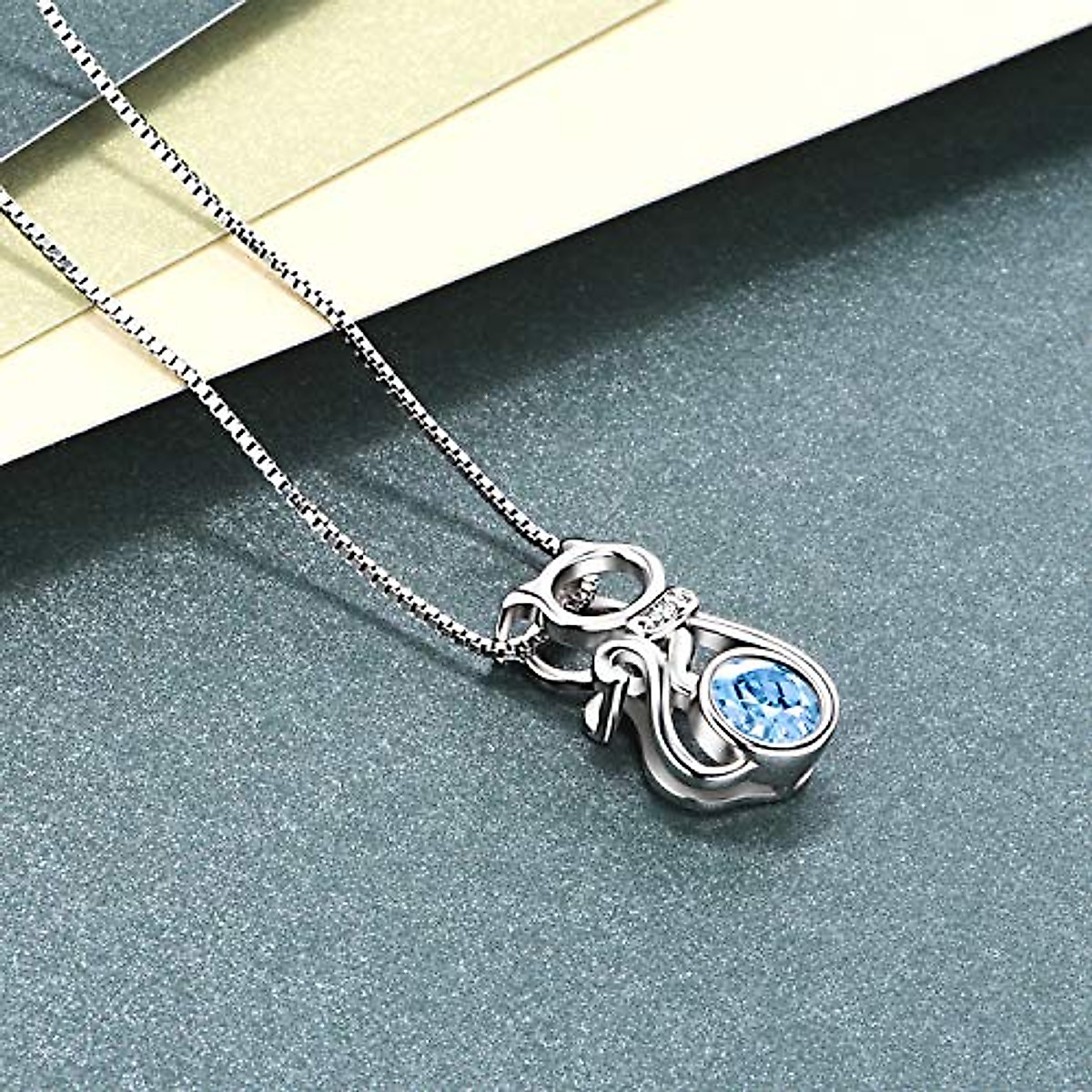 AOBOCO Cat Necklace for Cat Lovers 925 Sterling Silver March Birthstone Pendant Crystal Cat Jewelry Gifts for Women
