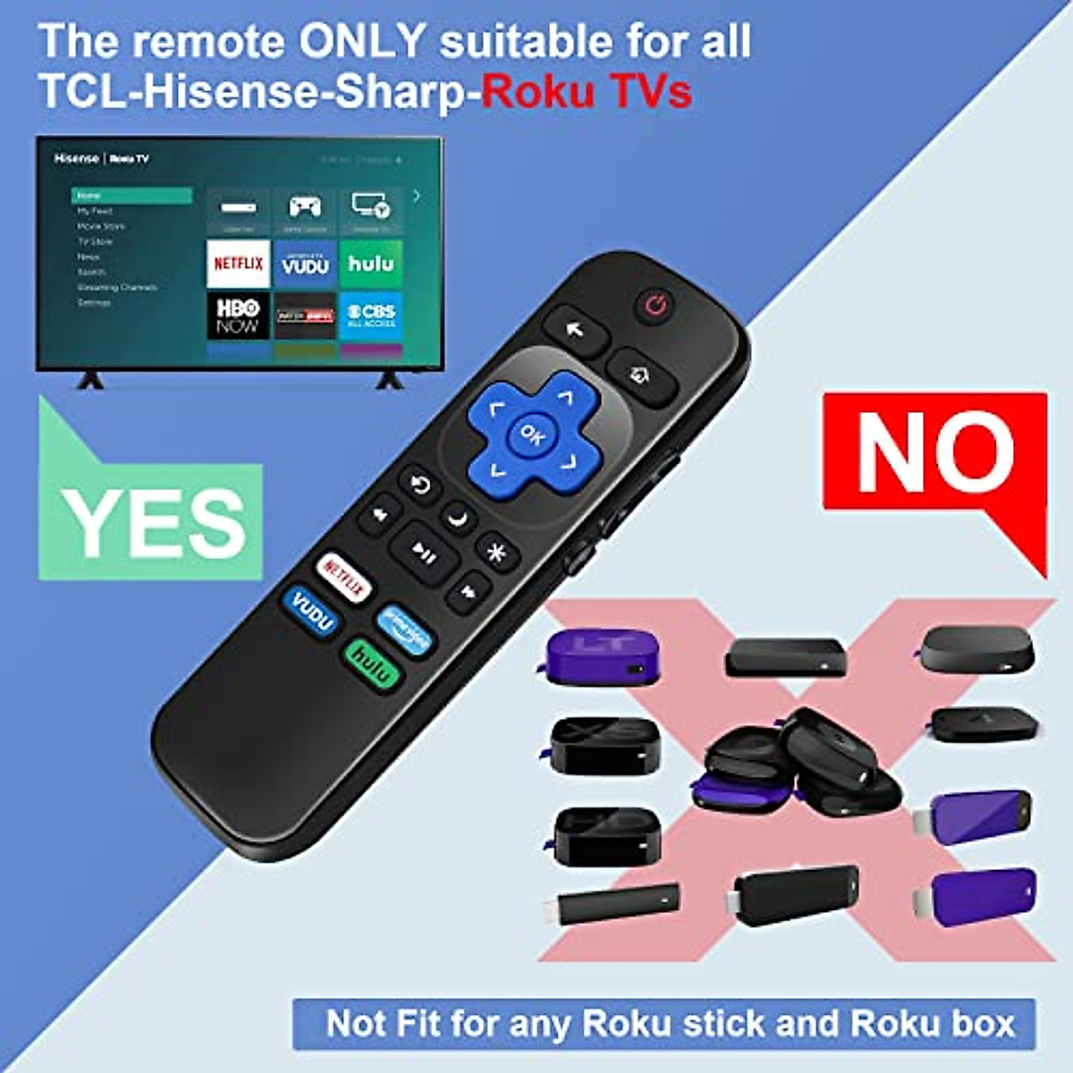 (Pack of 2) Universal TV Remote for Roku TV, Replacement for TCL Roku/Hisense Roku/Sharp Roku TV, Remote with Netflix/Prime Video/VUDU/hulu Buttons
