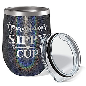 Grandmas Sippy Cup Gift for Women Birthday on Black Glitter 12 oz Insulated Wine Tumbler