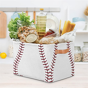 AUUXVA Baseball Stitches Laces Storage Bins Baskets Fabric Laundry Baskets, Red Softball Storage Cube Boxes Organizer Bag Bin for Toy Organizing Book Storage Shelves Nursery Closet