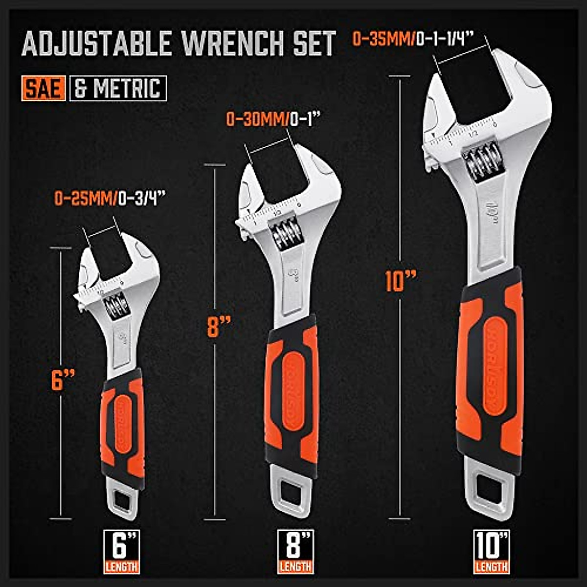 HORUSDY 3-piece Adjustable Wrench Set, 6-Inch 8-Inch & 10-Inch, Metric & SAE Scales, Extra-Wide Jaw Crescent Wrenches Set