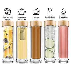 COMI Tea Bottle, 14 oz, Borosilicate Glass, Double Wall, Infuser & Strainer, Bamboo Lid, 400ml