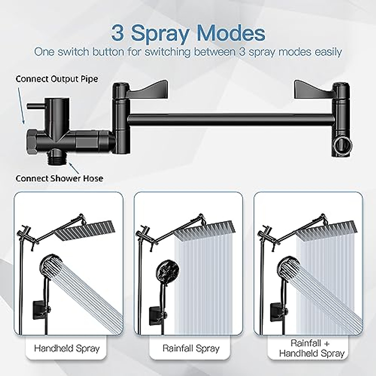 Shower Heads with Handheld Spray Combo, 10" Rain High Pressure Shower Head with 11" Extension Arm, 10 Modes Detachable Shower Built-in Power Wash with 59" Hose, Height & Angle Adjustable, Matte Black