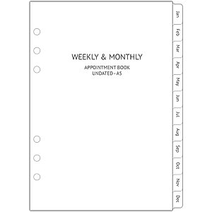 A5 Planner Inserts, Undated Weekly Planner Refills with Coated Monthly Tabs, Daily Schedule, Note Pages, Start Any Time