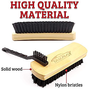Leather & Textile Shine Brush by TAKAVU, Durable Soft Nylon Bristles, Included Detailing Cleaning Brush, Unique Concave Design Wood Handle for Car Interior Seat Carpet Upholstery Couch Boots Shoes