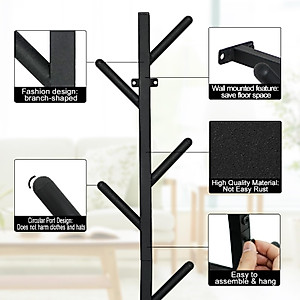 Sinytar Black Coat Rack Wall Mount Set of 2, Hat Rack for Wall, Modern Design Floating Coat Rack, Coat Tree for Clothes, Scarves, Bags, Caps, Metal Vertical Hooks for Living Room, Bedroom, Entryway