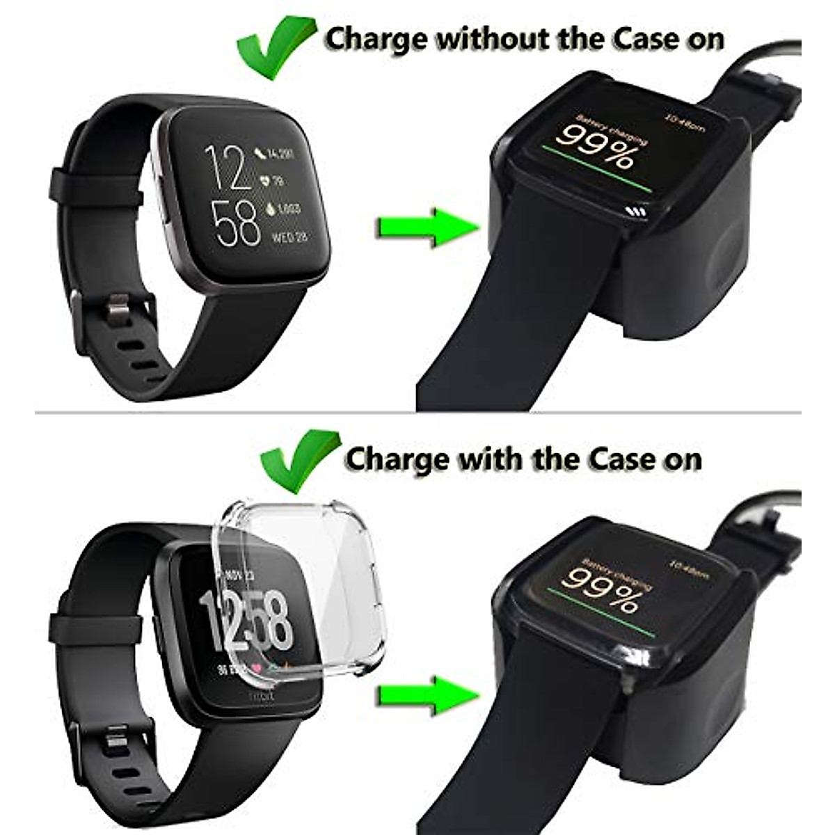 Replacement Charger Dock Compatible with Fitbit Versa 2 Charger, Charging Cradle Stand Cable and 2Pcs Full Cover Case Screen Protector, Soft Plated TPU Case for Versa 2 Smart Watch