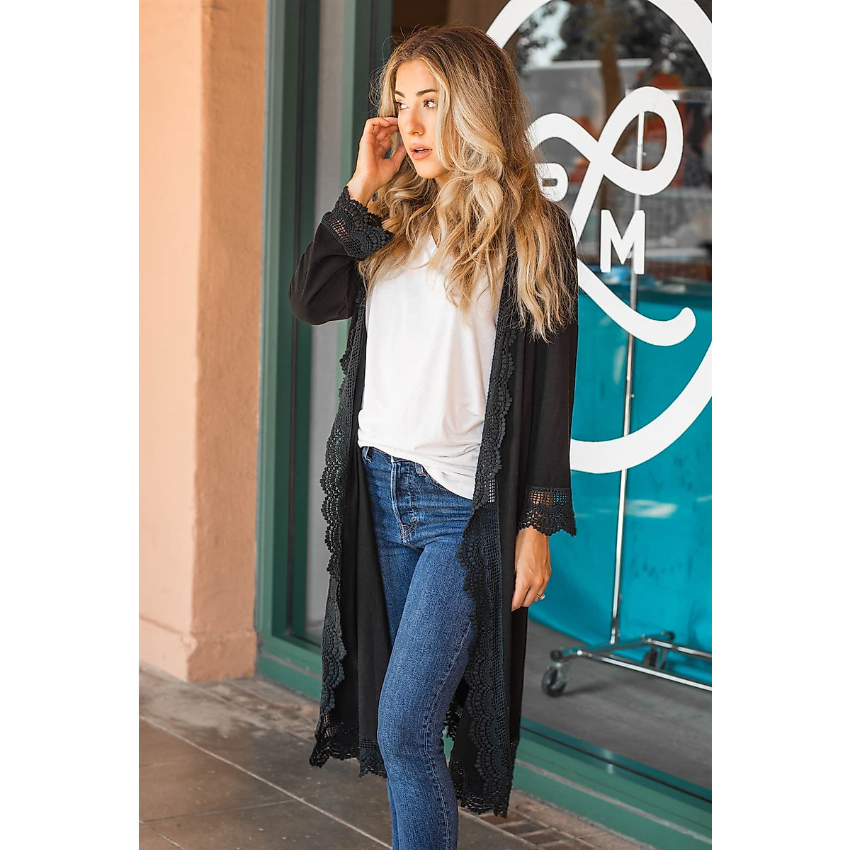 Tickled Teal Women's 3/4 Sleeve Lace Trim Casual Wrap Cardigan Coverup Outerwear Sweater (Black, Large)