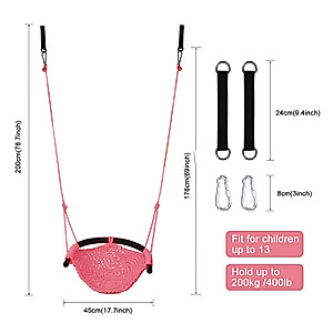 JKsmart Swing Seat for Kids Heavy Duty Rope Play Secure Children Swing Set,Perfect for Indoor,Outdoor,Playground,Home,Tree,with Snap Hooks and Swing Straps,440 lbs Capacity,Pink