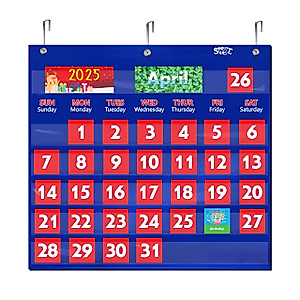 Blue Calendar Pocket Chart with 76 Cards,(68 Illustrated Activity Cards, 8 Dry Erasable Flash Cards and 3 Hooks)