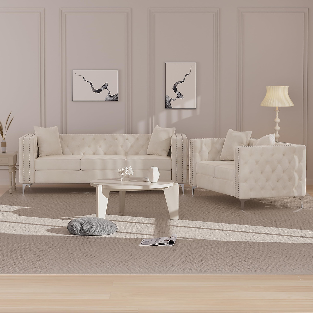 Morden Fort Loveseat Sofa, 61“Beige Mid-Century Couch with Button Tufted and Nailhead Trim and Iron Legs for Living Room, Apartroom, Bedroom, Office