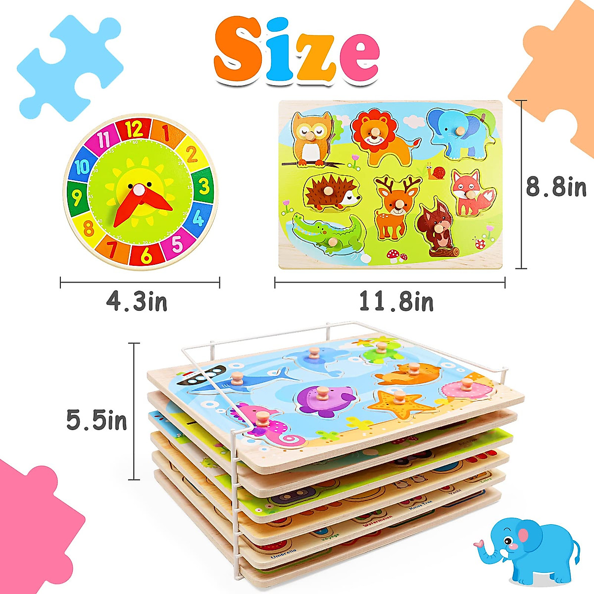 Puzzles for Kids Age 2-4 with Rack and Wooden Clock, 6 Pack Wooden Peg Puzzles for Toddlers with Storage Holder Rack, Educational Toys - Alphabet Number Animal Vehicle Shape