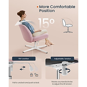 SONGMICS HOME Criss Cross Legged Chair, Armless Office Desk Chair No Wheels, Wide Comfortable Adjustable Swivel Vanity Chair for Home Office, Cotton-Linen Fabric, Jelly Pink UOBG046R03