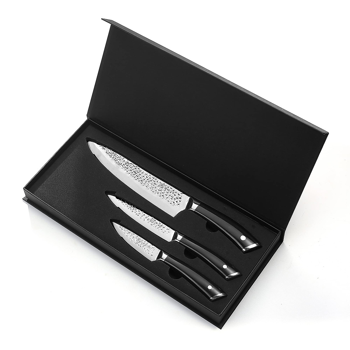 PAUDIN Kitchen Knives Set of 3, Sharp Chef Knife Set with Ergonomic ABS Handle, High Carbon Stainless Steel Knife Set, Professional Hammered Series Knives Set for Kitchen with Gift Box