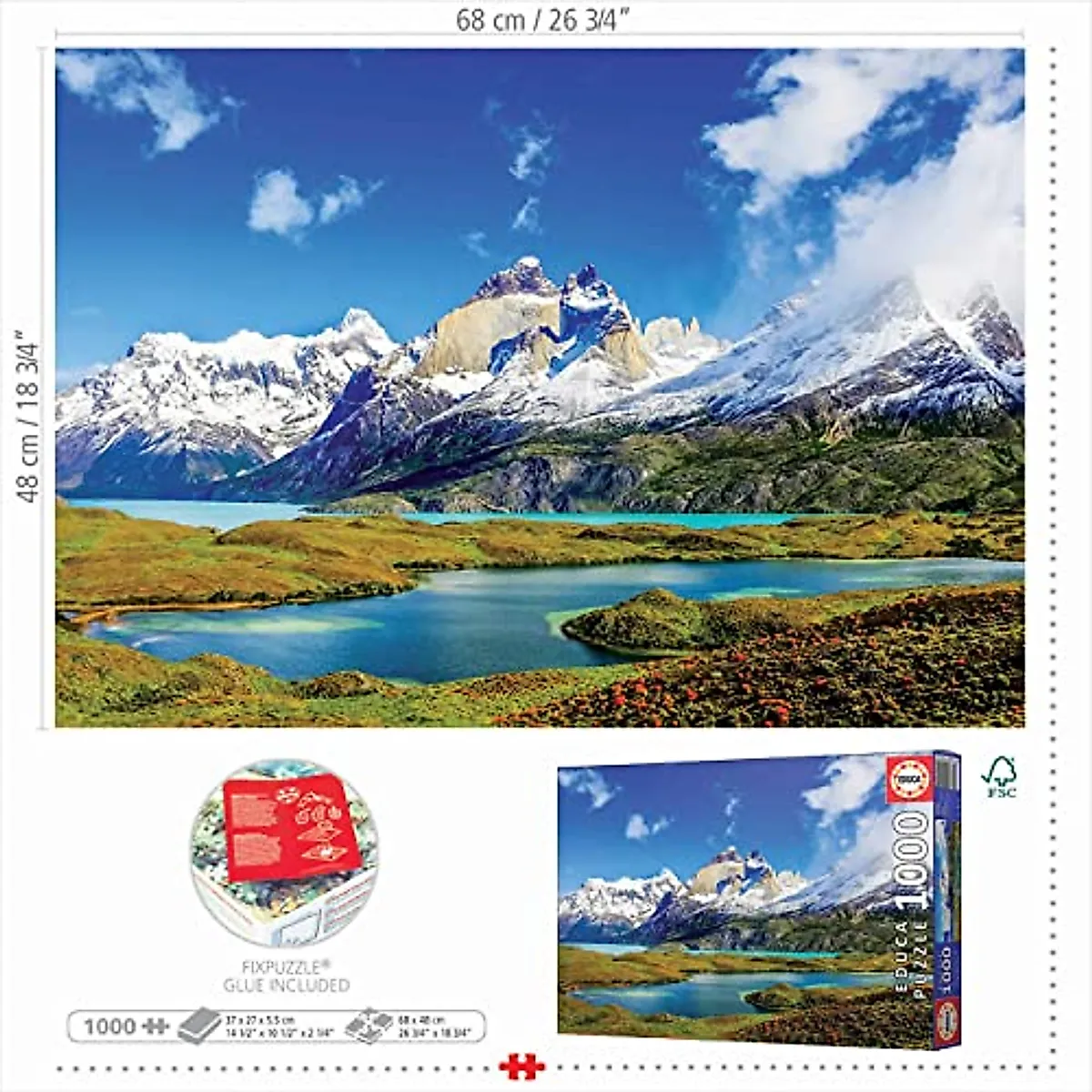 Educa - Torres Del Paine, Patagonia - 1000 Piece Jigsaw Puzzle - Puzzle Glue Included - Completed Image Measures 26.8" x 18.9" - Ages 14+ (19259)