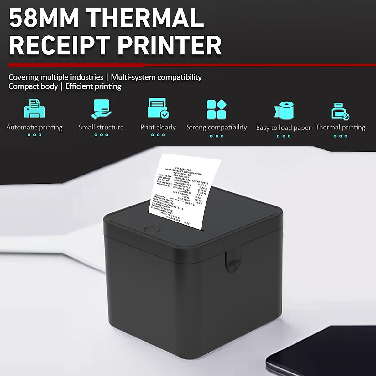 HXBER Label Printer, 58mm Receipt Printer POS Printer USB+BT Desktop Direct Thermal Printing Compatible with Support ESC/POS for Shipping Business Restaurant Kitchen Supermarket Home Business Retail