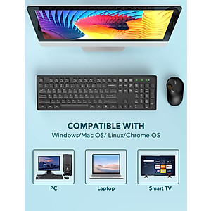 Wireless Keyboard and Mouse, WisFox USB Computer Keyboard with Silent Keys, Long Battery Life, 2.4GHz Full-Size Lag-Free Cordless Combo for PC Laptops Windows Mac Chrome OS (Black)