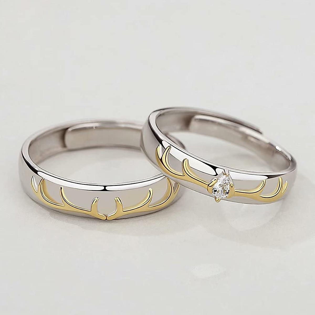 hohrayway S925 Sterling Silver Deer Antlers Ring for Couples Promise Wedding Rings His and Her Matching Rings Set Adjustable Rings Custom Engrave Rings