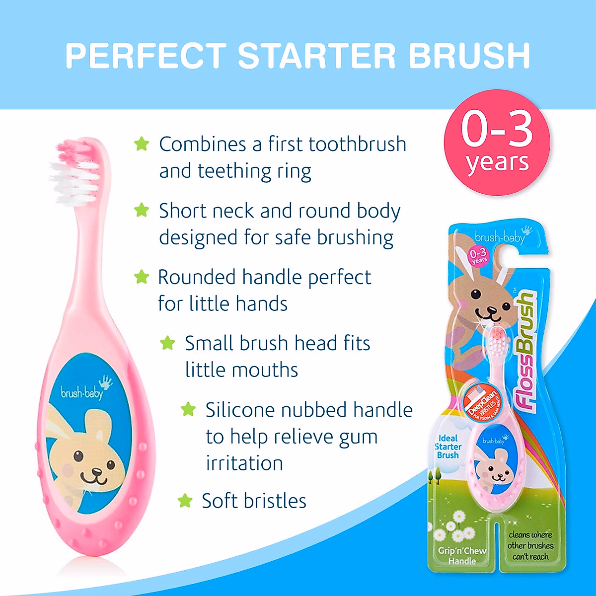 brush-baby Bobbie Flossbrush Starter Toothbrush for Ages 0-3 Years (Pink) (3-Pack)