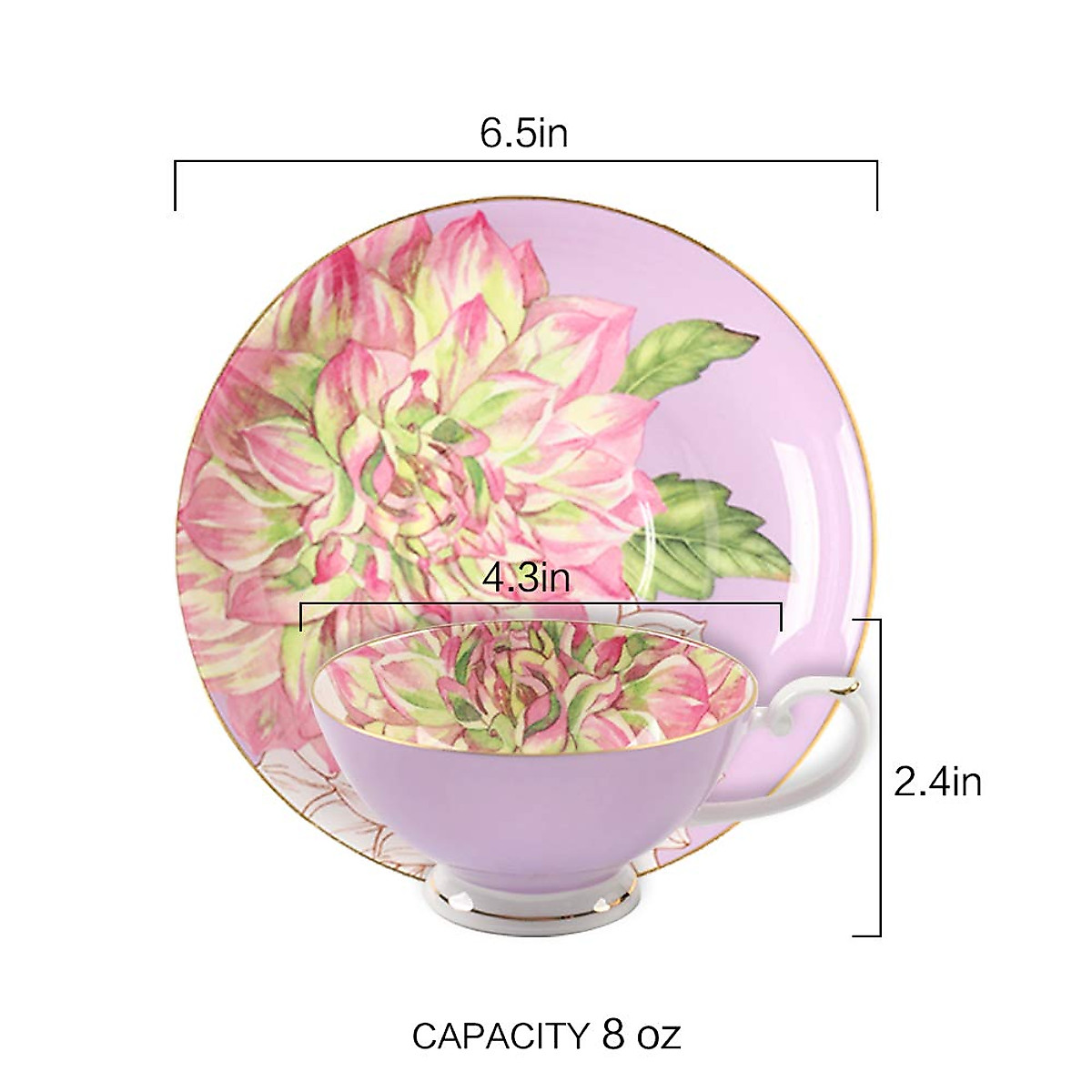 PULCHRITUDIE Fine Bone China Teacup and Saucer Set, English Teasets, Floral Design with Golden Rim, 8oz Cup, Set of Four