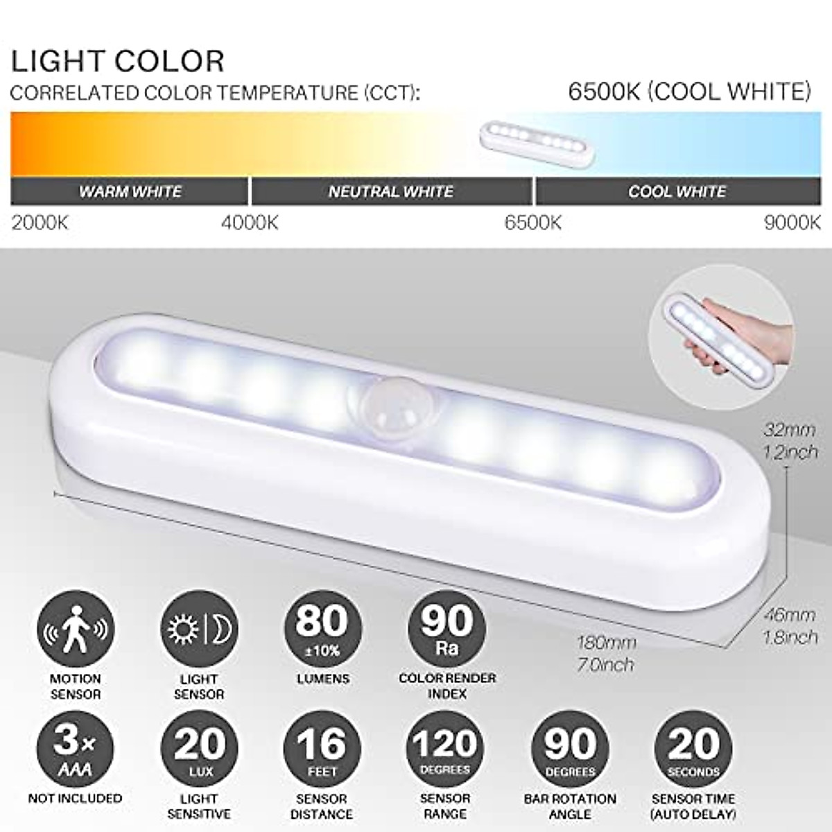 STAR-SPANGLED 3 Pack 7” Motion Sensor Lights Indoor Battery Operated, Stick on LED Light for Closet, Stairs, Under Cabinet, Cool White