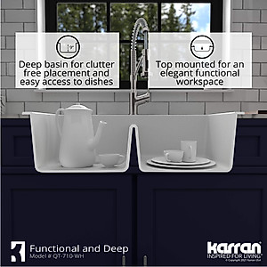 Karran QT-710 Drop-in Quartz Composite 33 in. 1-Hole 50/50 Double Bowl Kitchen Sink Kit in White