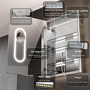 VUMALL LED Bathroom Medicine Cabinet with Mirror, 24x36 Medicine Cabinet with Lights, 10XMakeup-Mirror, Dimmable, Defogging, Recessed/Surface, Front&Backlit, Clock Temp Display, Outlets, Left Open