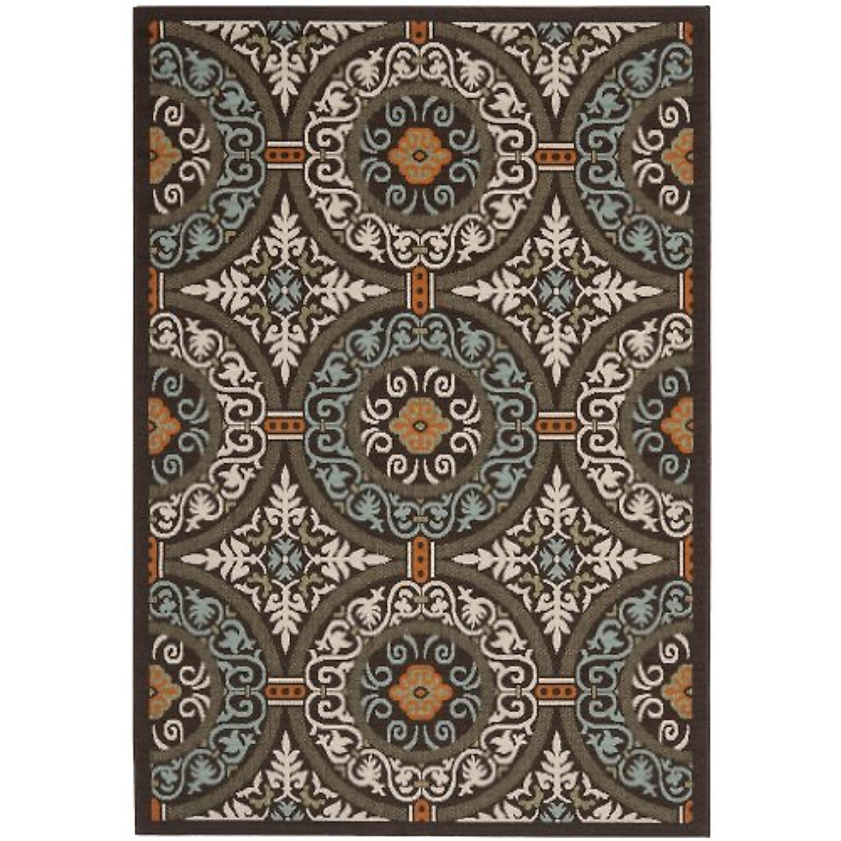 SAFAVIEH Veranda Collection 6'7" x 9'6" Chocolate / Aqua VER055 Modern Indoor/ Outdoor Non-Shedding Easy-Cleaning Patio Backyard Porch Deck Mudroom Area Rug