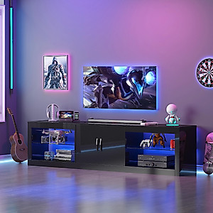 Vinctik 6&Fox 70 Inch Led TV Stand for 80/75 Inch TV, Modern Black Entertainment Center with Adjustable Glass Shelves Two Cabinets, Gaming High Gloss TV Stand with Led Light for Living Room,Black