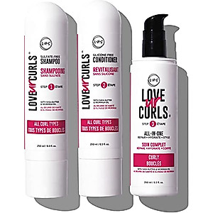 LUS Brands Love Ur Curls for Curly Hair, 3-Step System - Shampoo and Conditioner Set with All-in-One Styler - LUS Curls Hair Products - No Crunch, Nonsticky, Clean - 8.5oz each