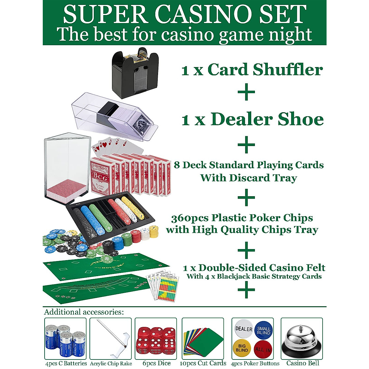 MrCarbon Super Casino Game Set: 6 Deck Shuffler+360pcs Chips+8 Poker Cards+Card Shoe+Chip Rake+Felt+Accessories, Blackjack Set & Texas Holdem Complete Kit, Poker Night Kit for Adult Casino Party