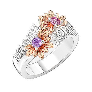 Zeekisfia Personalized Birthstone Ring Custom 3D Name Ring with Sunflower Sterling Silver Promise Ring Birthday Engagement Wedding Jewelry Gifts for Her Women Girls Mother Sisters