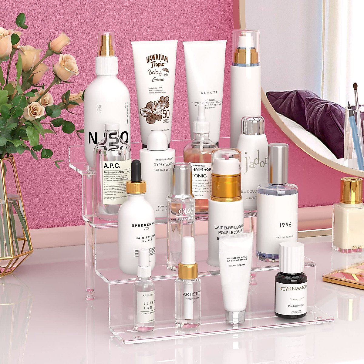 NIUBEE Acrylic Riser Display Shelf, Clear Display Stand for Amiibo Funko POP Figures,4 Tier Cupcakes Stand Perfume Organizer and Storage (9 Inch Small)