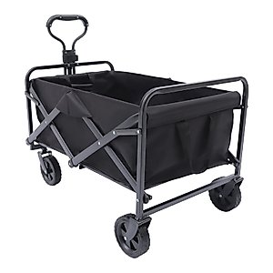 Folding Wagon Cart, Rubber Wheel Collapsible Heavy Duty Utility Beach Wagon with 5" Rubber Wheels Adjustable Handle and 2 Cup Holders for Outdoor Activities Beach Camping Garden