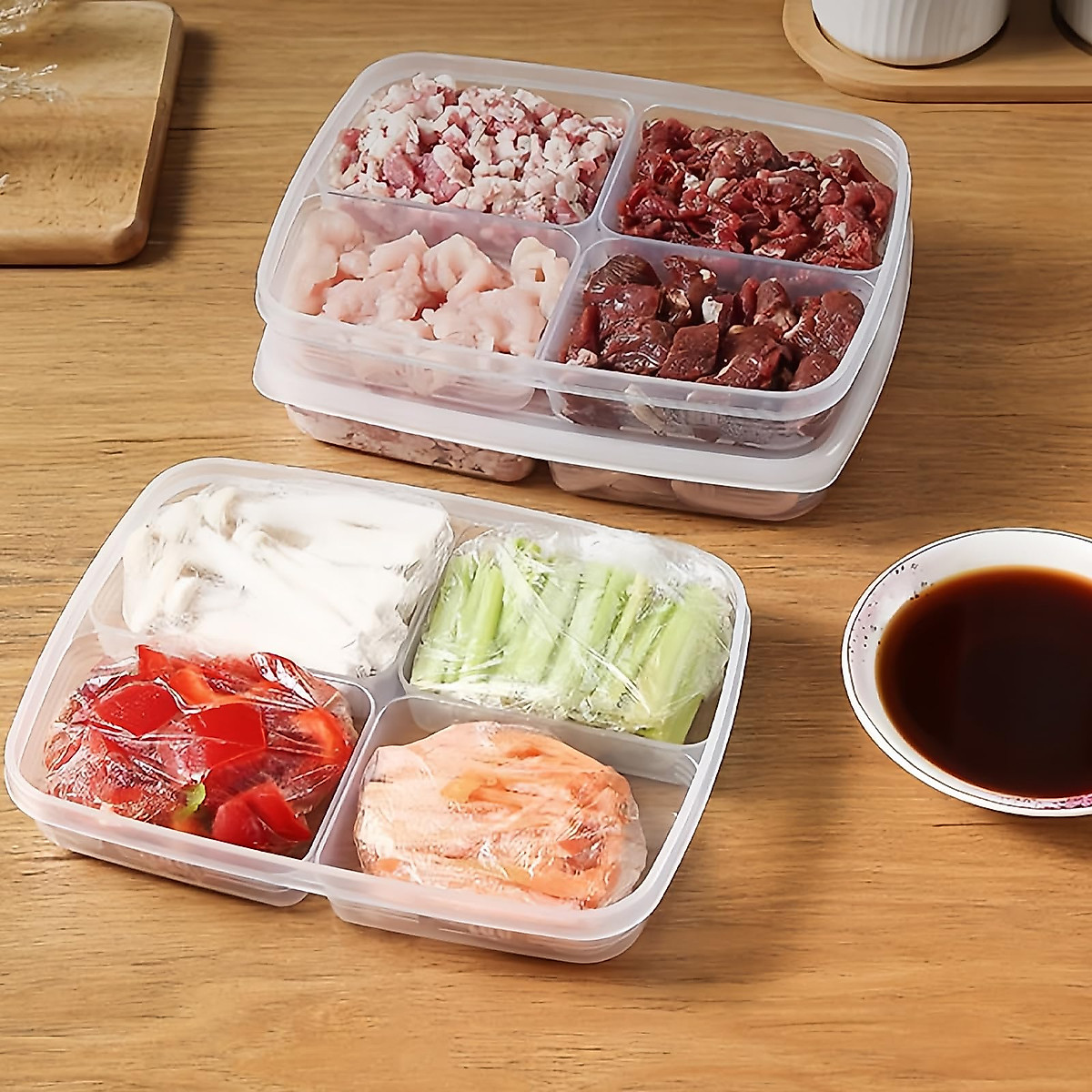 RHBLME 8 Pack Divided Food Storage Containers, Reusable 4 Compartment Food Container Food Storage Containers with lids, Multi Compartment Food Container for Storing Vegetables Meat Fish Fruits