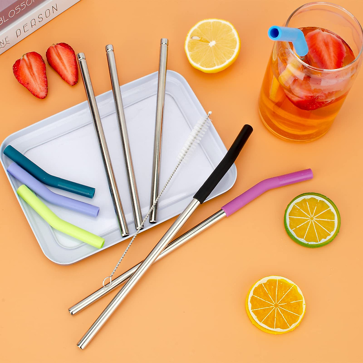 Sursip Set of 6 reusable stainless steel straws with silicone, 8mm Wide Straws for Smoothies Shakes,6 Steel Straws,6 Silicone Tips,1 Straw Cleaning Brush,Removable and easy to clean