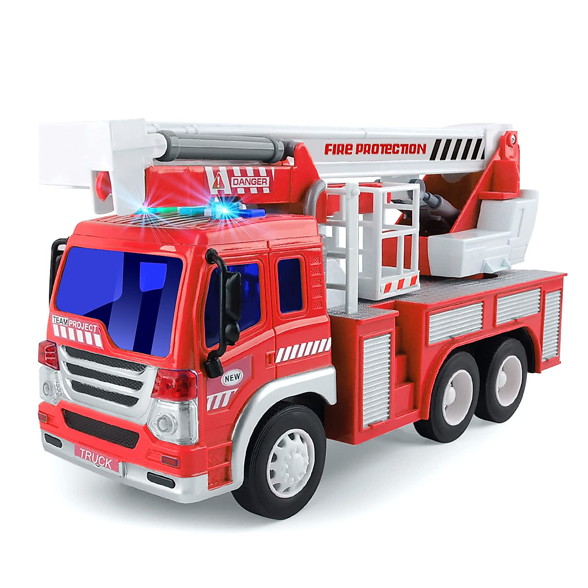 Fire Truck Toys with Siren Lights and Sounds, 1:16 Scale Fire Engine Truck for 3-5 year old Boys Extending Rescue Rotating Ladder Pull Back Toy Trucks for Kids 3 4 5 6 7 8 Years Old Birthday Xmas Gift