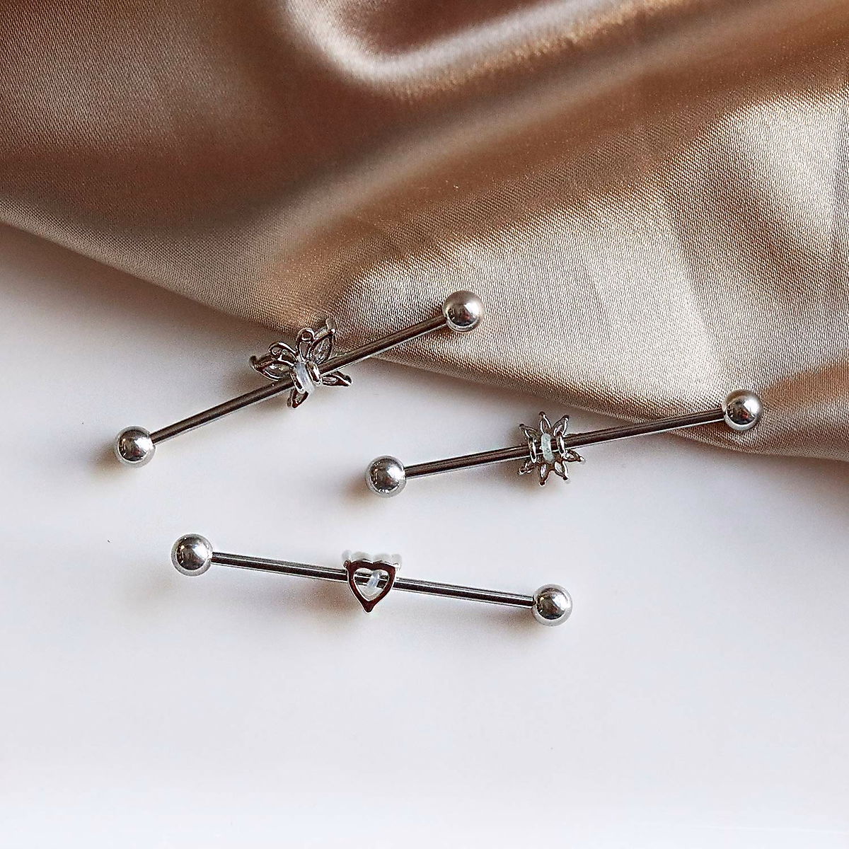 CHARM ONLINE 3PCS 14G Butterfly Flower Stainless Industrial Barbell Sparkly CZ Ear Industrial Piercing Bar for Women Men