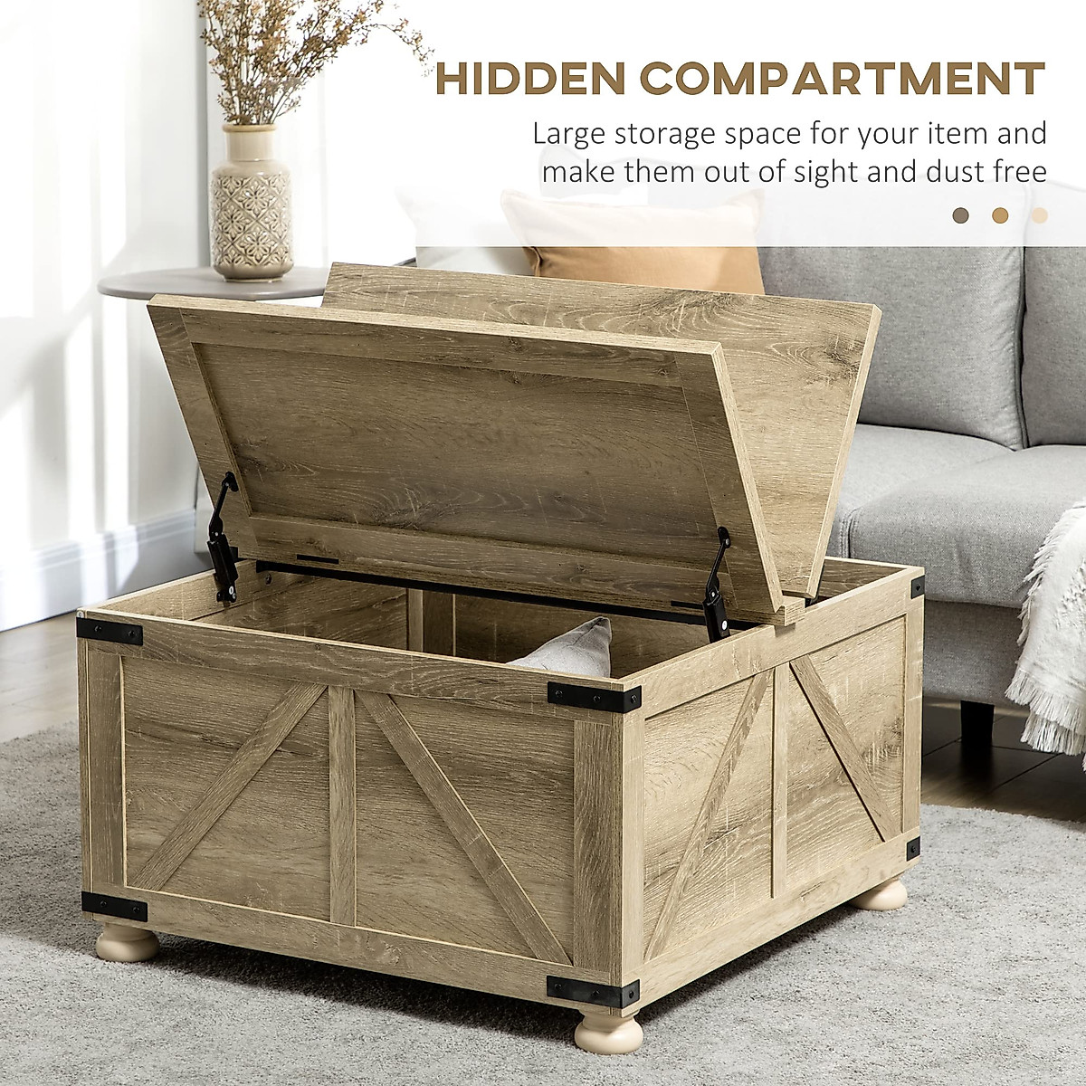 HOMCOM Farmhouse Coffee Table, 31.5" Square Coffee Table with Storage, Living Room Center Table with Hinged Flip Lift Top and Hidden Space, Oak