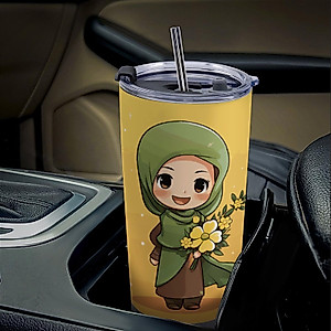 FZMTLDS Cartoon Muslim Girl Tumbler 20oz Stainless Steel Water Bottles with Handle Leak-proof Large Capacity Car Cup Travel Mug Insulated Coffee Cup Gifts for Women Men