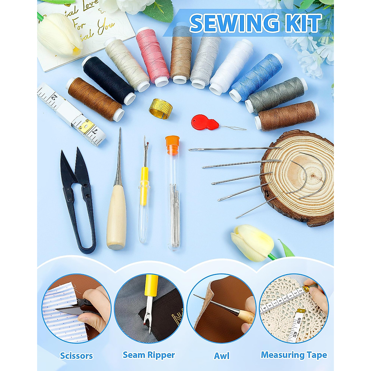 PLANTIONAL Upholstery Repair Sewing Kit: 47 Pieces Heavy Duty Sewing Kit with Sewing Awl, Seam Ripper, Leather Hand Sewing Stitching Needles, Sewing Thread for Car, Sofa, Backpack, Shoe, Craft DIY