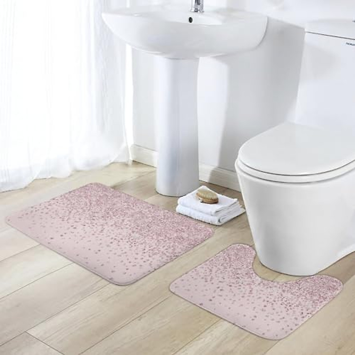 Bathroom Rug Set 2 Piece Blush Rose Gold Glitter Diamond Bath Rugs and U-Shaped Contour Toilet Rug, Non-Slip Bath Carpet Bath Mats for Bathroom 15.7"x23.6"