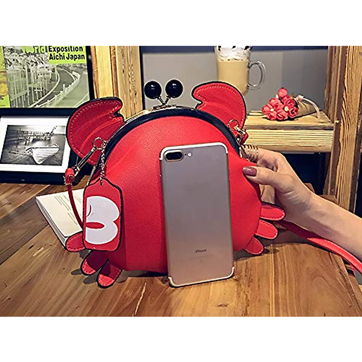 QZUnique Crab Shape Handbag Novelty Crossbody Bag Animal Shaped Purse Detachable Shoulder Bag Women's Satchel Red