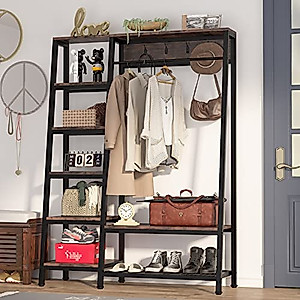 Tribesings 47 inches Clothes Closet, Free-standing Clothing Garment Rack with Shoe Bench and Storage Shelf, Industrial Entryway Hall Tree Rack with Hooks , Capacity Weight 350 lb