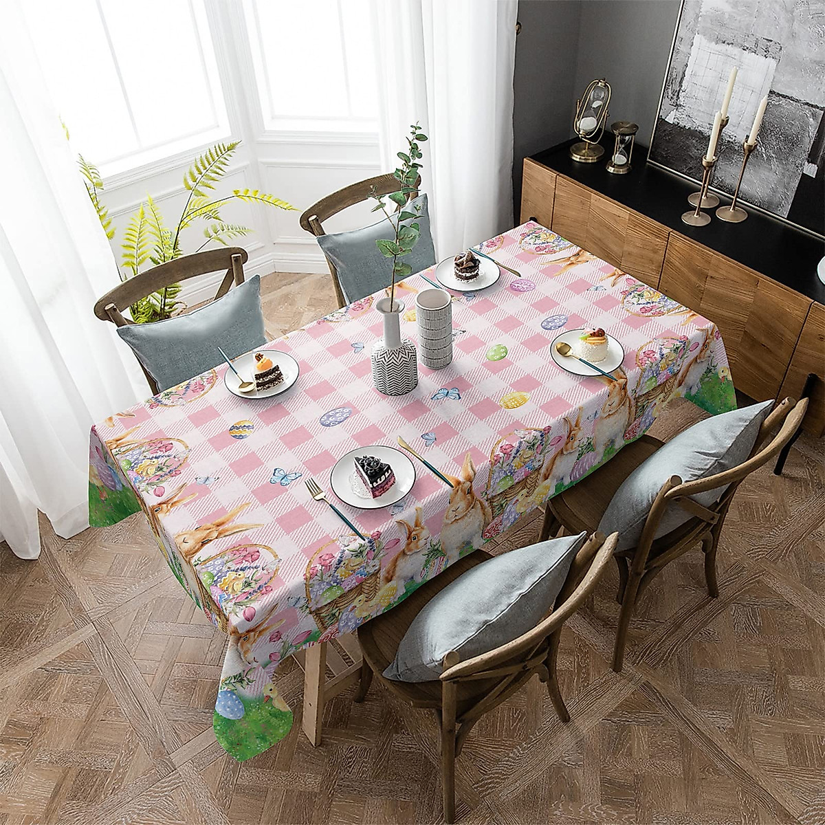 ZEREAA Waterproof Spillproof Rectangle Tablecloth, Pink Plaid Easter Bunny and Floral Spring Theme Table Cover Kitchen, Living Room Dining Table Cloth 60"x84"