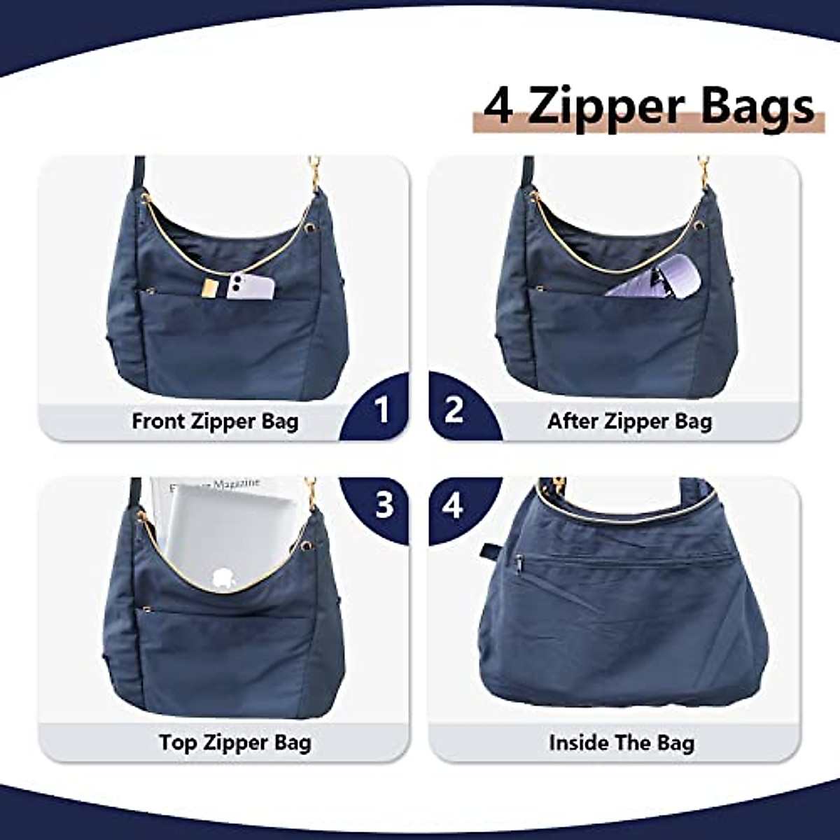 ANROLA Women Hobo Handbags Anti-theft Waterproof Nylon Tote Bags Shoulder Bags Messenger Convertible Purses Handbags (dark blue)