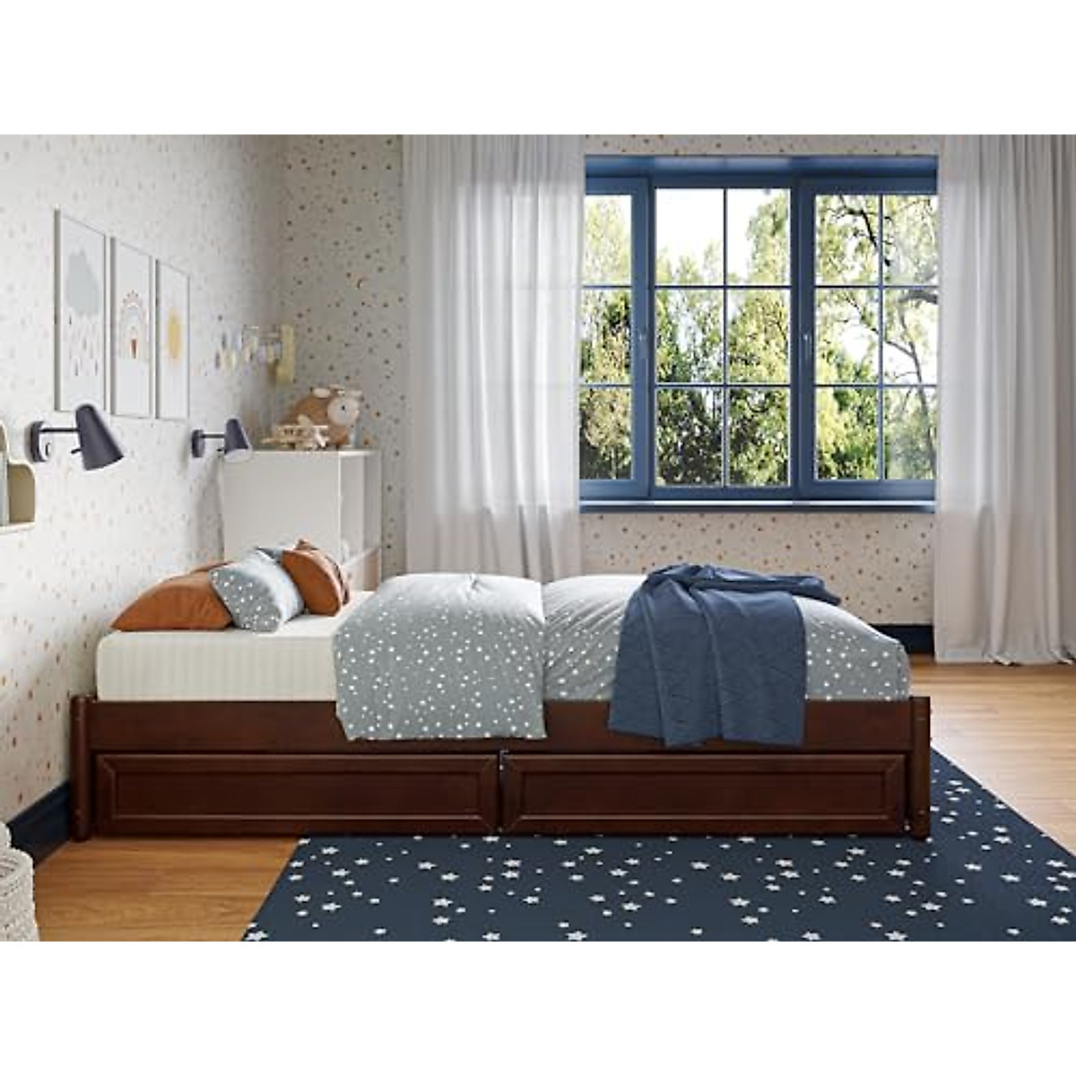 AFI, Barcelona Twin Panel Platform Bed with Storage Drawers, Walnut