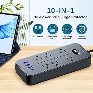 Power Strip Surge Protector Extension Cord 6 Feet with 4 USB Ports, Surge Protection 1700 Joules,6 AC Outlets,Flat Plug Outlet Extender, Wall Mount,Dorm Home Office Black