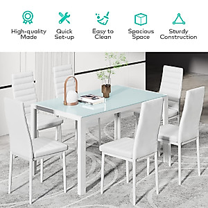 Gizoon Glass Dining Table Sets for 6, 7 Piece Kitchen Table and Chairs Set for 6 Person, PU Leather Modern Dining Room Sets for Home, Kitchen, Living Room