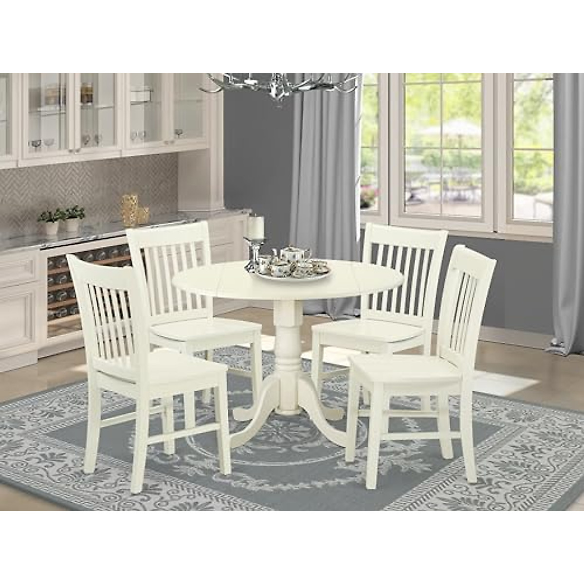 East West Furniture DLNO5-LWH-W 5 Piece Dining Set Includes a Round Dining Room Table with Dropleaf and 4 Kitchen Chairs, 42x42 Inch, Linen White